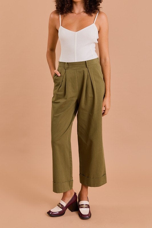 Olive Roll Up Wide Twill Slacks FINAL SALE | The Indigo Owl, LLC